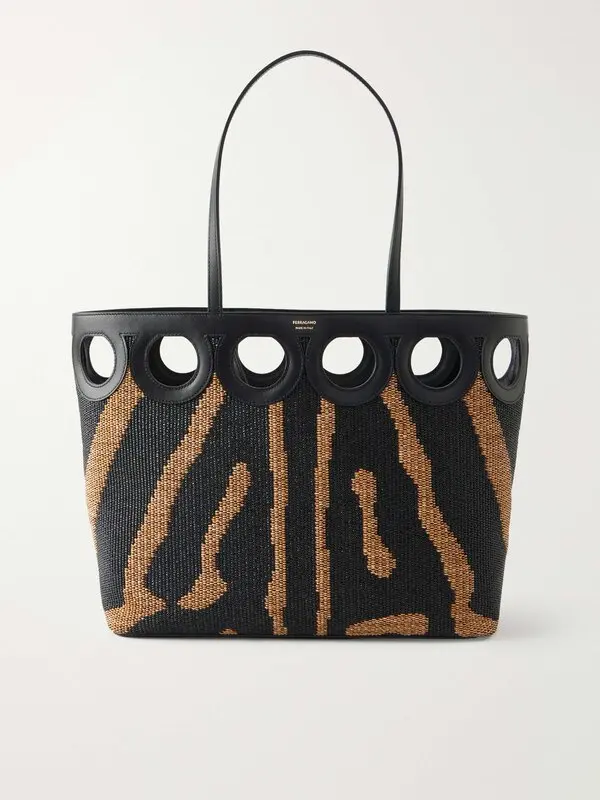 FERRAGAMO Leather-trimmed Raffia Tote - Zebra Print