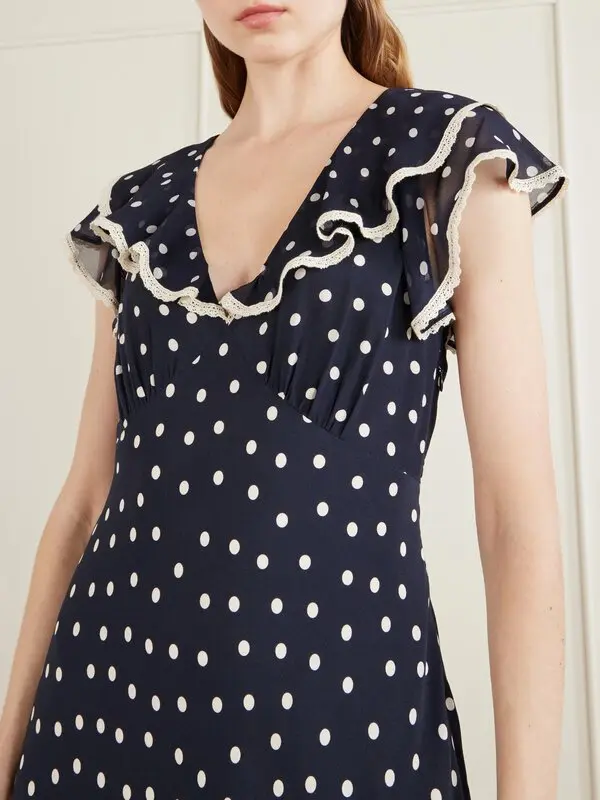Rixo Bethea Polka Dot Crochet Trim Crepe Midi Dress - Blue