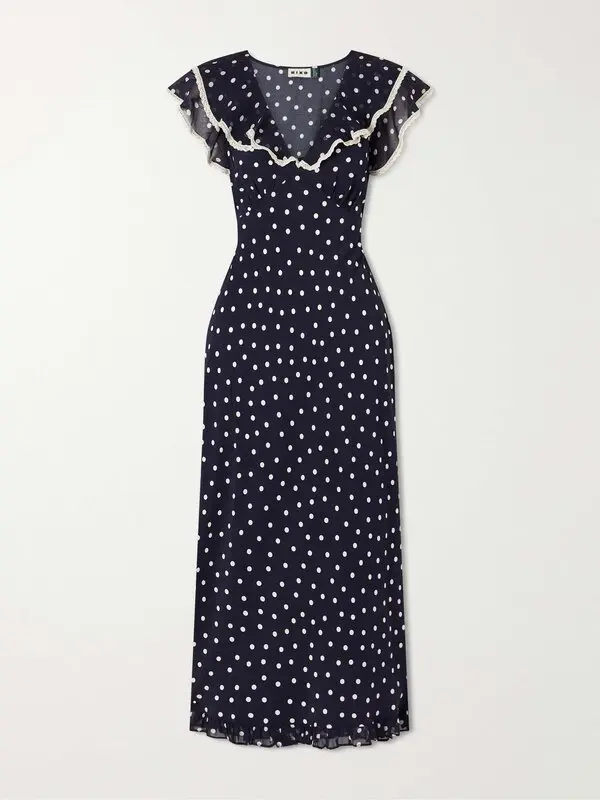 Rixo Bethea Crochet-trimmed Polka-dot Crepe Midi Dress - Navy