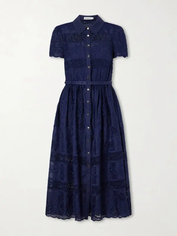 SELF-PORTRAIT Belted Embroidered Lace-trimmed Ramie Midi Dress - Blue