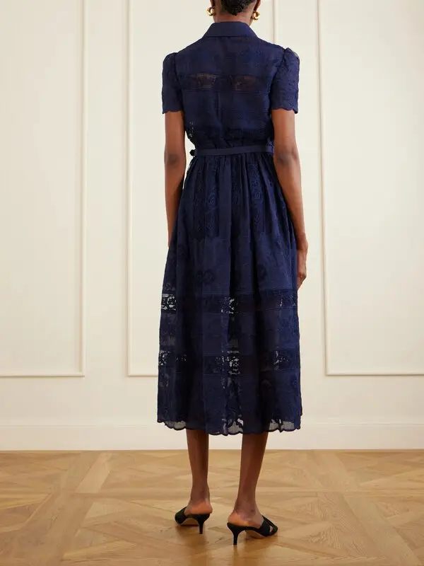 SELF-PORTRAIT Belted Embroidered Lace-trimmed Ramie Midi Dress
