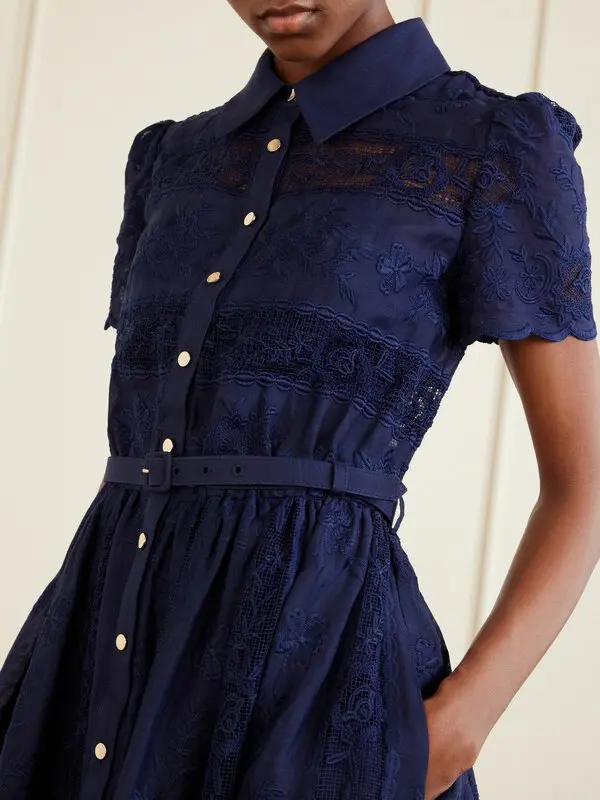 SELF-PORTRAIT Belted Embroidered Lace-trimmed Ramie Midi Dress