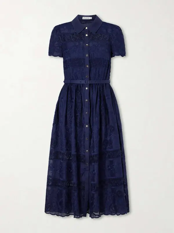 SELF-PORTRAIT Belted Embroidered Lace-trimmed Ramie Midi Dress - Navy