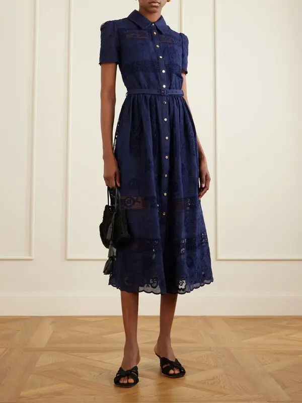 SELF-PORTRAIT Belted Embroidered Lace-trimmed Ramie Midi Dress