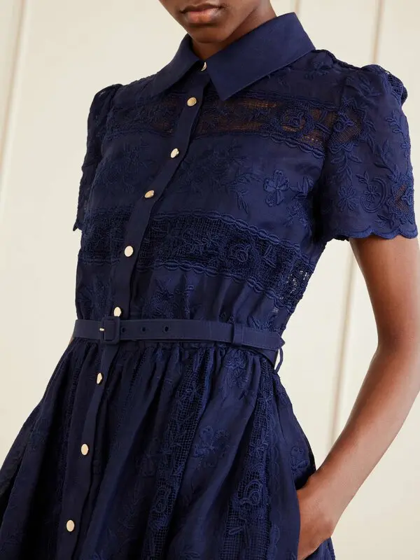SELF-PORTRAIT Belted Embroidered Lace-trimmed Ramie Midi Dress