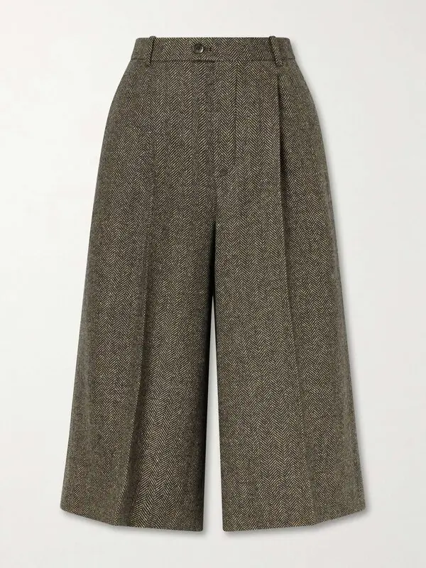 Saint Laurent Herringbone Wool-blend Knee Shorts - Brown