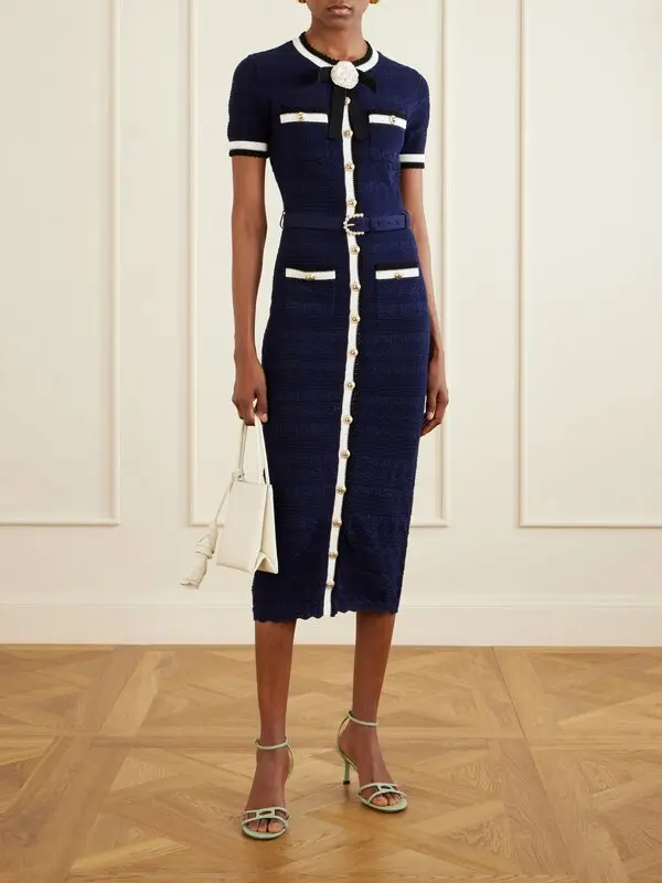 SELF-PORTRAIT Embellished Bow-detailed Pointelle-knit Cotton-blend Midi Dress - Blue