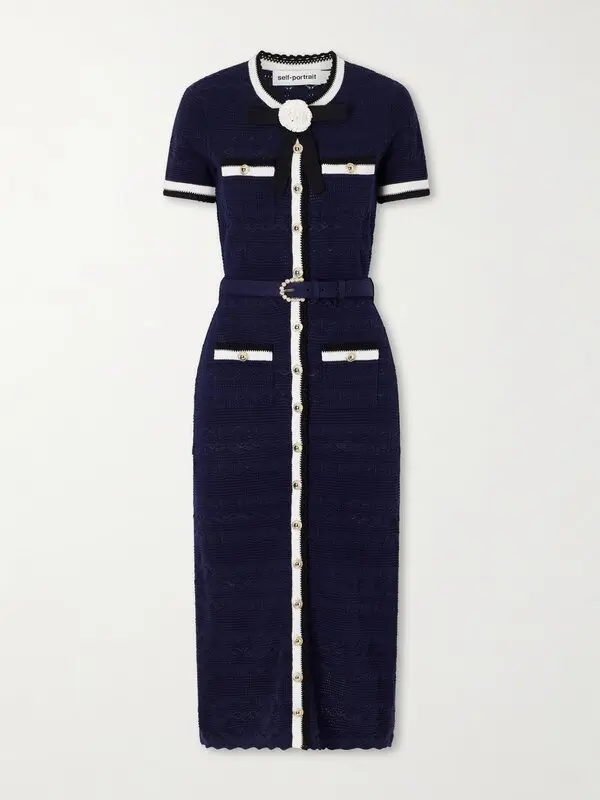 SELF-PORTRAIT Embellished Bow-detailed Pointelle-knit Cotton-blend Midi Dress - Blue