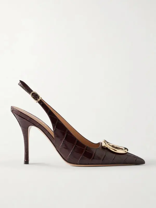 FERRAGAMO Sara 95 Croc-effect Leather Slingback Pumps - Brown