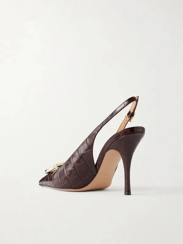 FERRAGAMO Sara 95 Croc-effect Leather Slingback Pumps - Brown