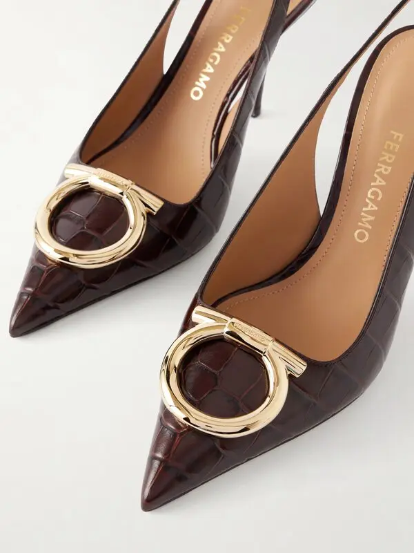 FERRAGAMO Sara 95 Croc-effect Leather Slingback Pumps - Brown
