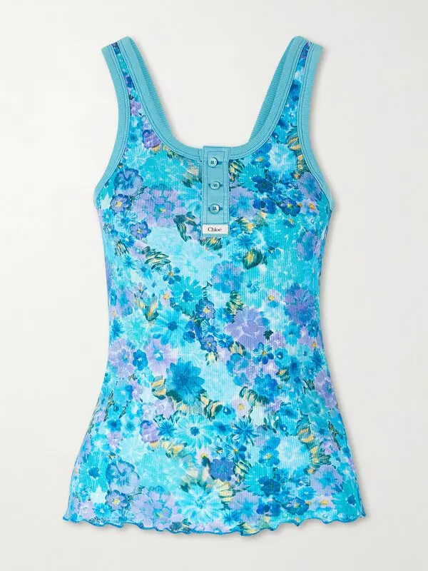 Chloé Floral Print Ribbed Stretch Cotton Tank - Blue