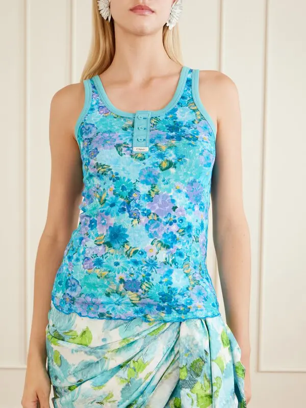 Chloé Floral Print Ribbed Stretch Cotton Tank - Blue
