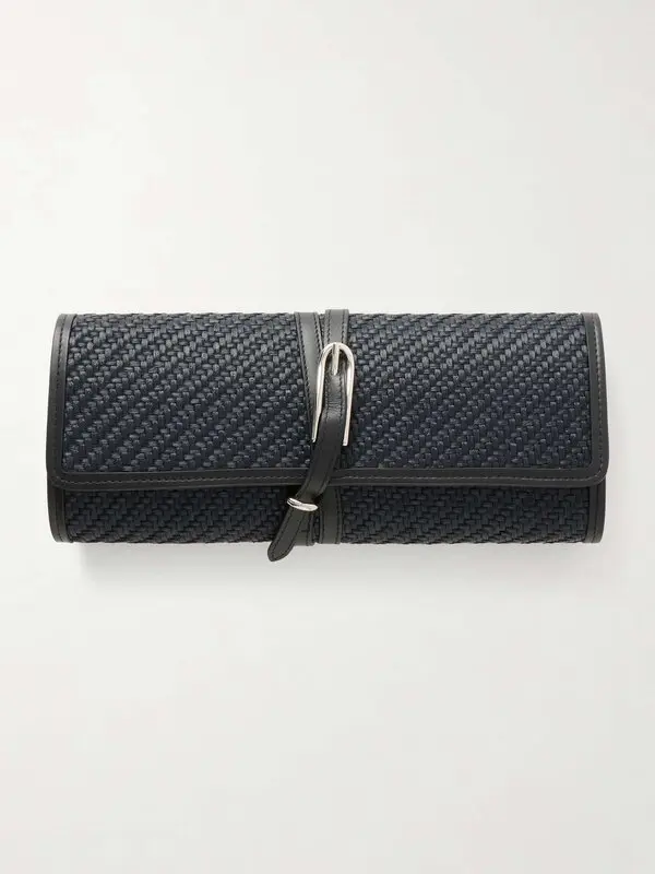 LIFFNER Belted Leather-trimmed Raffia Clutch - Black