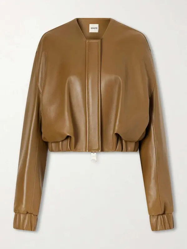 Khaite Cordan Cropped Leather Bomber Jacket - Beige