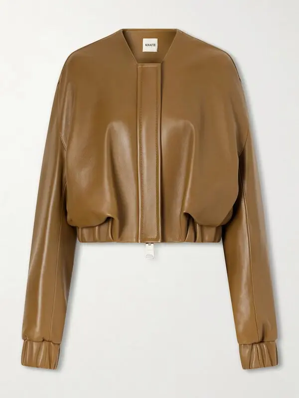 Khaite Cropped Nappa Leather Bomber Jacket - Neutrals