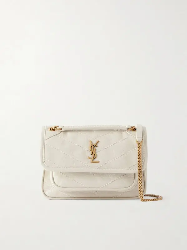 Saint Laurent Niki Mini Cassandre-embellished Crinkled-leather Shoulder Bag - White