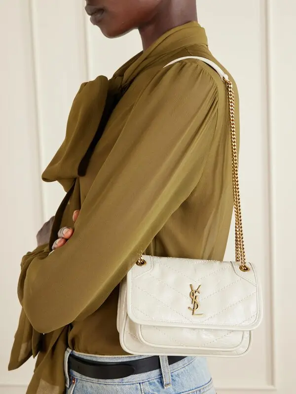 Saint Laurent Niki Mini Cassandre-embellished Crinkled-leather Shoulder Bag
