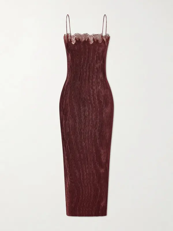 FFORME Lumie Lace-trimmed Pleated Midi Dress - Burgundy
