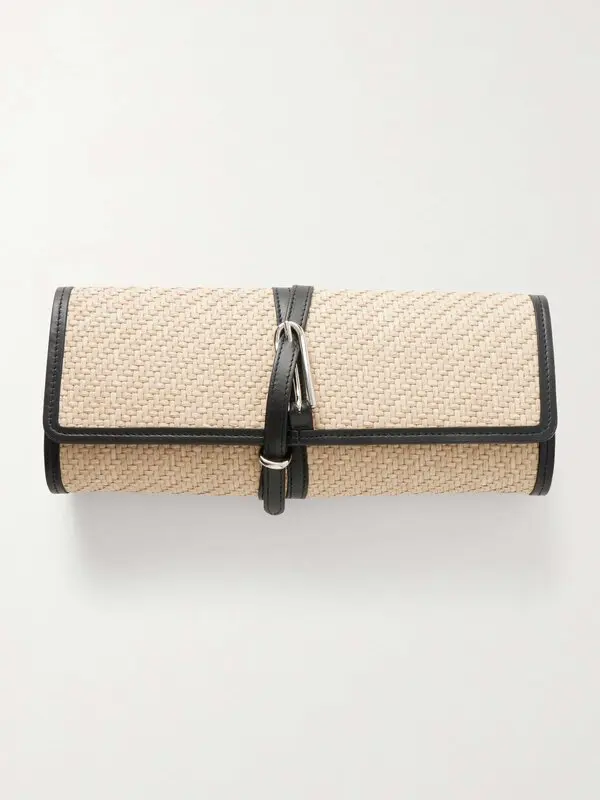 LIFFNER Belted Leather-trimmed Raffia Clutch - Neutral
