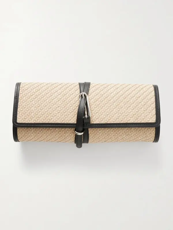 LIFFNER Belted Leather-trimmed Raffia Clutch - Neutrals