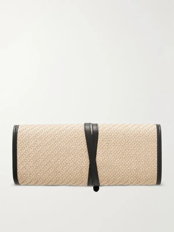 LIFFNER Leather-trimmed Raffia Clutch - Neutrals