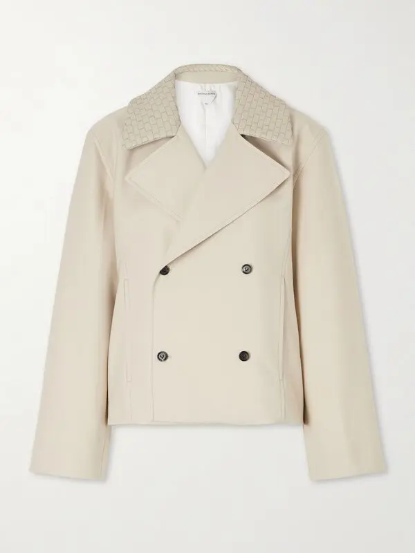 Bottega Veneta Double-breasted Wool And Cotton-blend Jacket With Intrecciato Leather Trim - Neutrals