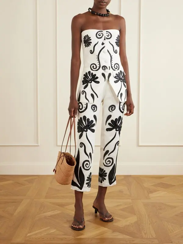 CALA DE LA CRUZ Sylvie Cropped Sequin-embellished Printed Linen Tapered Pants