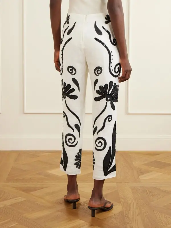 CALA DE LA CRUZ Sylvie Cropped Sequin-embellished Printed Linen Tapered Pants