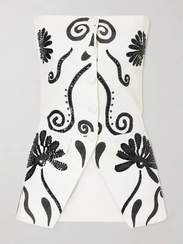 CALA DE LA CRUZ Milos Strapless Sequin-embellished Floral-print Linen Top - Ecru