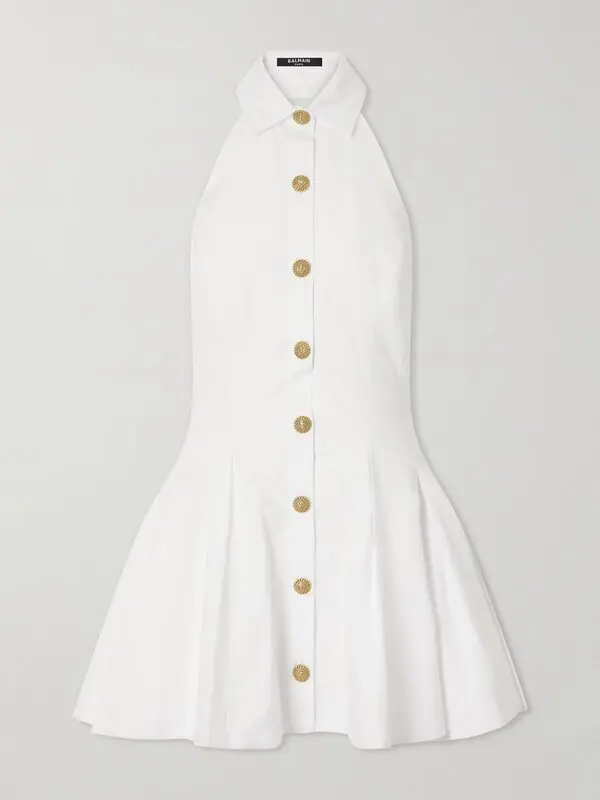 Balmain Halterneck Cotton-poplin Mini Dress - White