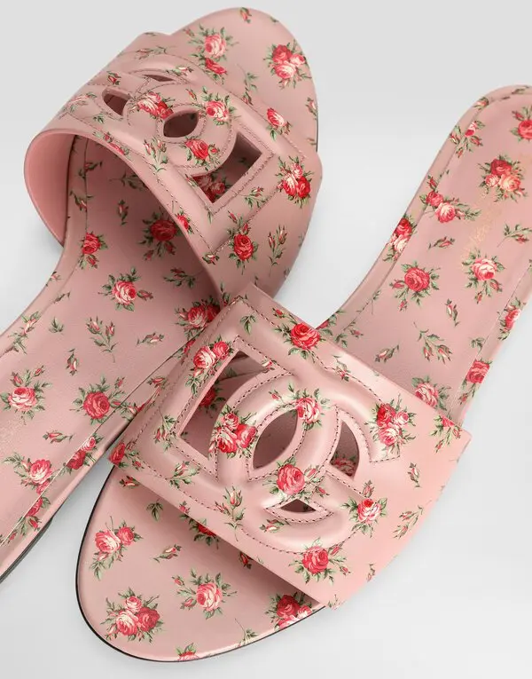 Dolce & Gabbana Calfskin Flat Slippers With Rose Print