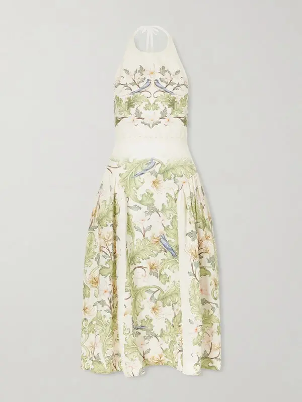 Agua Bendita Balsa Anhelo Embellished Printed Halterneck Linen Maxi Dress - Green