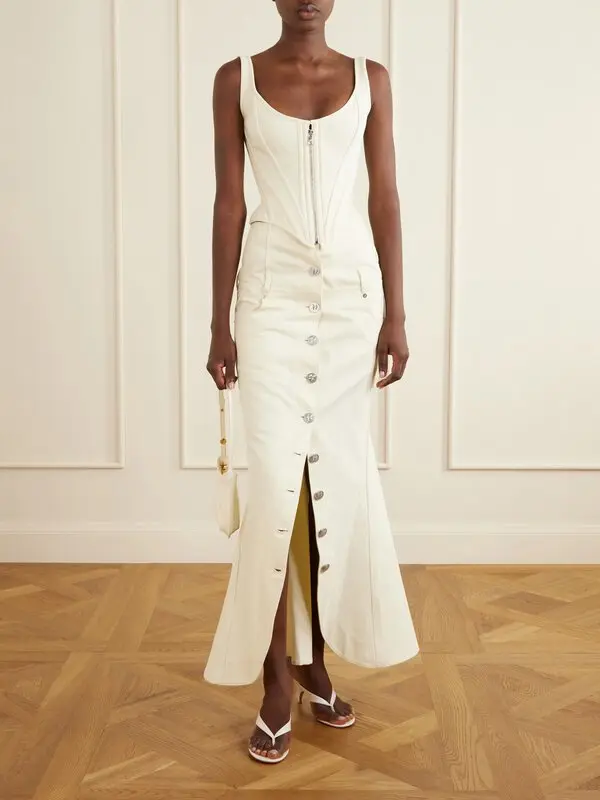 WIEDERHOEFT Embellished Button-front Maxi Denim Skirt
