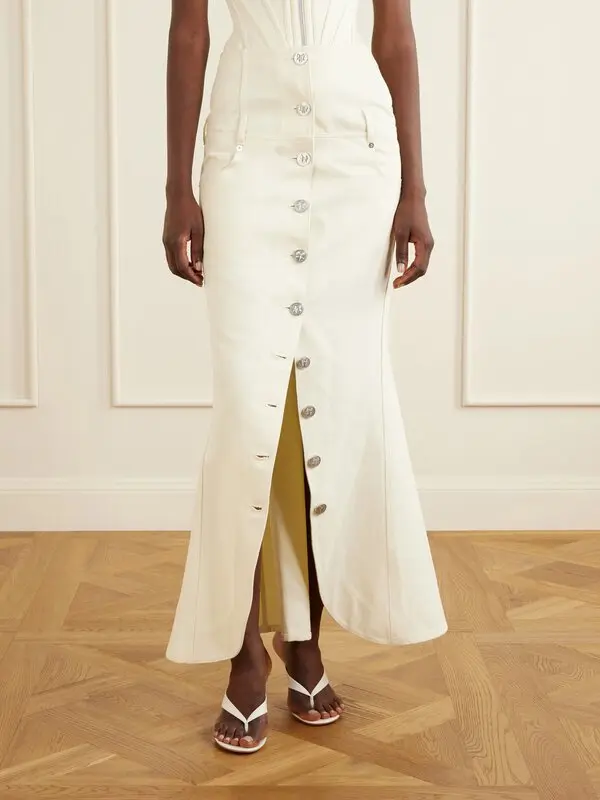WIEDERHOEFT Embellished Button-front Maxi Denim Skirt