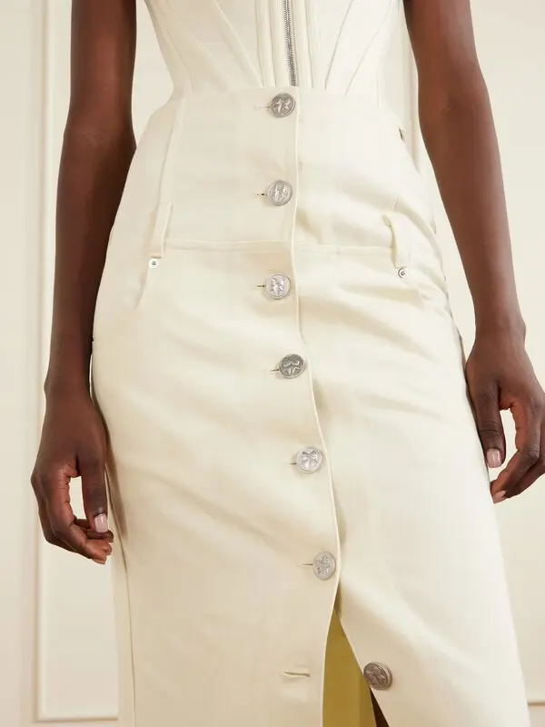 WIEDERHOEFT Embellished Button-front Maxi Denim Skirt