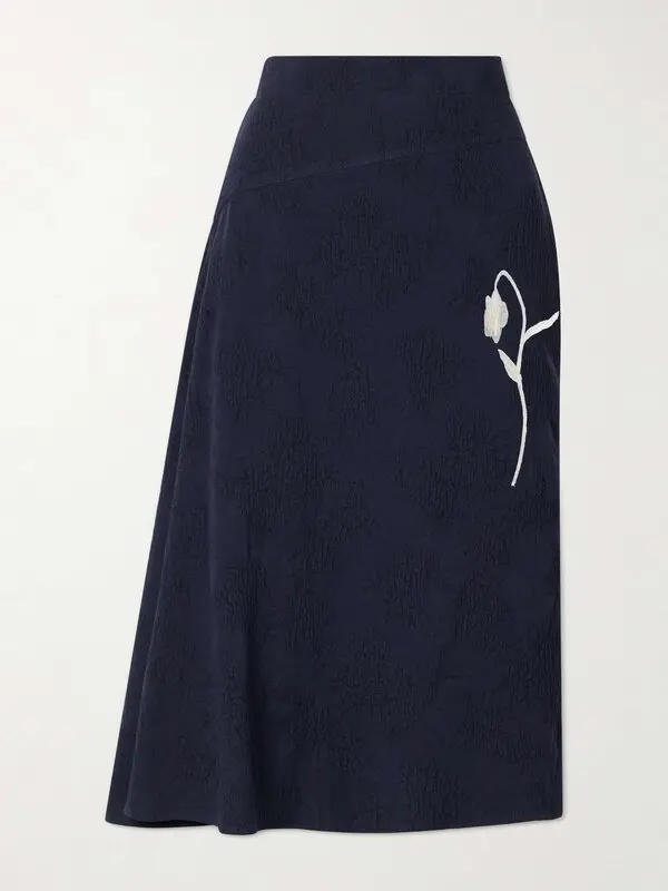 Erdem Asymmetric Floral-jacquard Cotton-blend Midi Skirt - Navy
