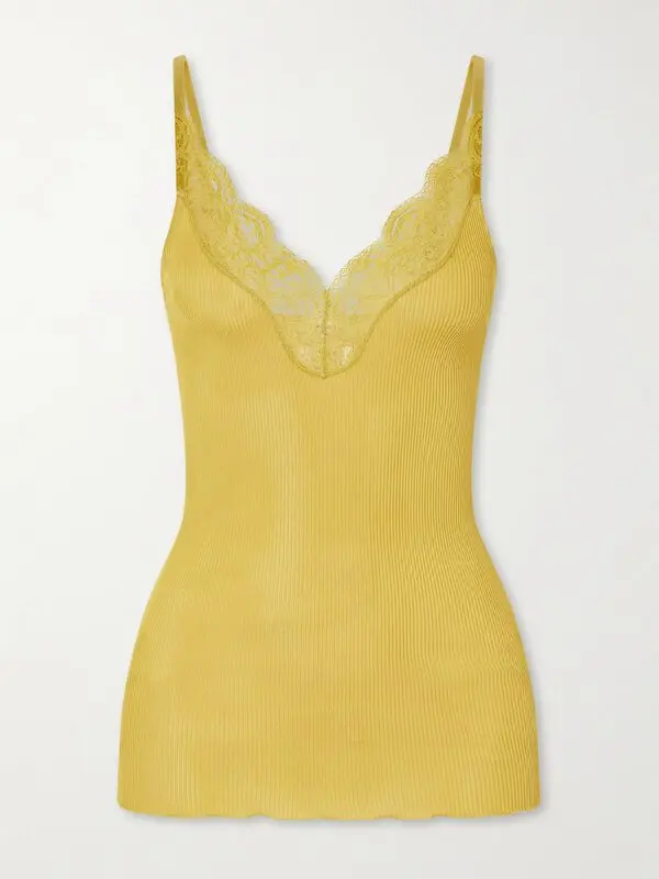 Saint Laurent Lace-trimmed Ribbed Silk-jersey Tank - Yellow