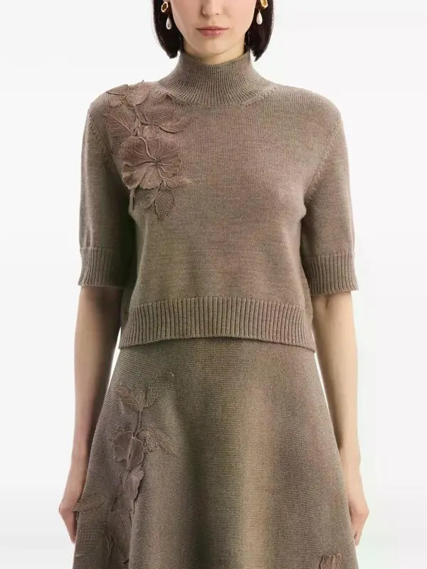 Oscar De La Renta Hibiscus Embroidered Knit Pullover