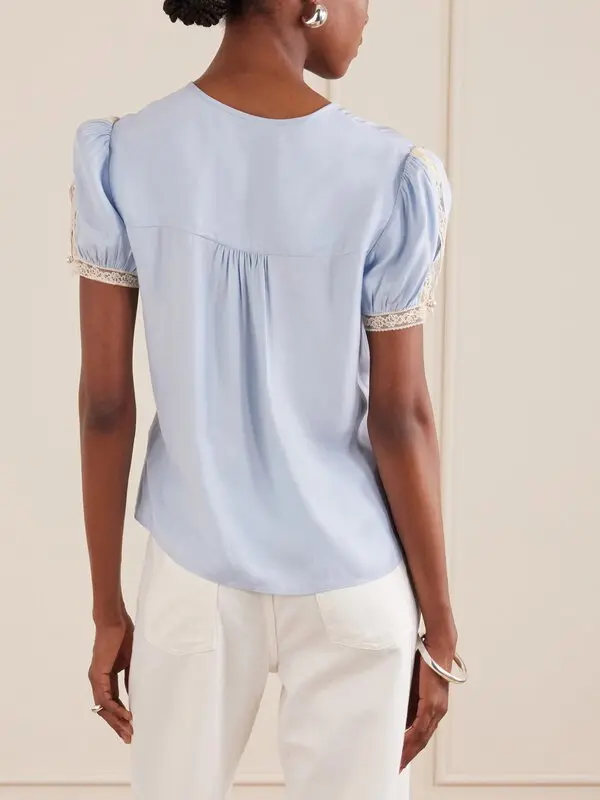 SELF-PORTRAIT Lace-trimmed Satin Blouse