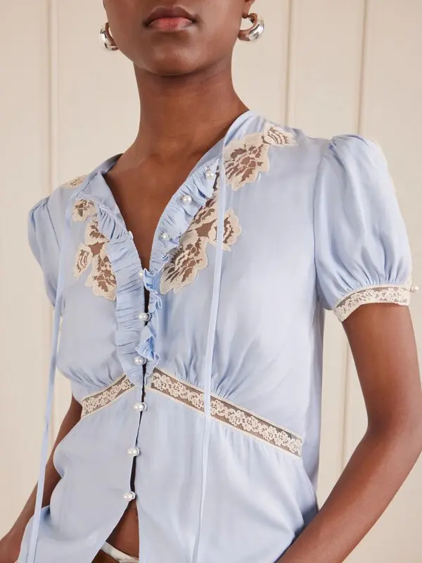 SELF-PORTRAIT Lace-trimmed Satin Blouse