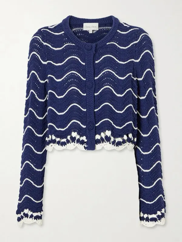 Cara Cara Louise Scalloped Striped Cotton Knit Cropped Cardigan - Blue