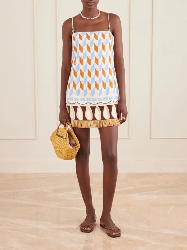 Cara Cara Valencia Printed Fringed Linen Mini Dress