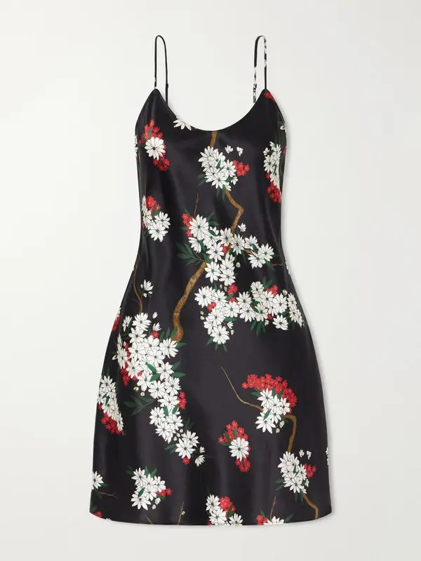 Olivia Von Halle Venus Floral-print Silk-satin Nightdress - Black