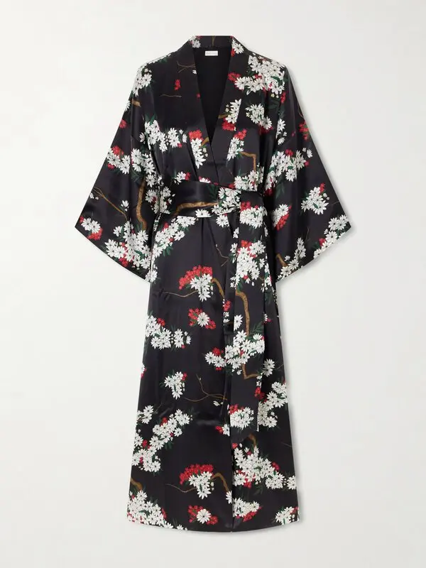 Olivia Von Halle Queenie Belted Floral-printed Silk-satin Robe - Black