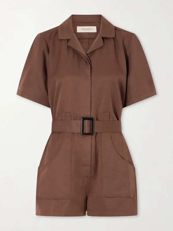 Giuliva Heritage Belted Silk And Linen-blend Playsuit - Brown