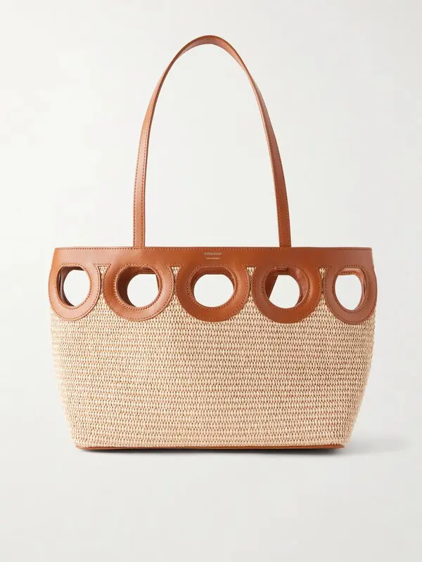 FERRAGAMO Gancio Raffia Tote Bag With Leather Trims