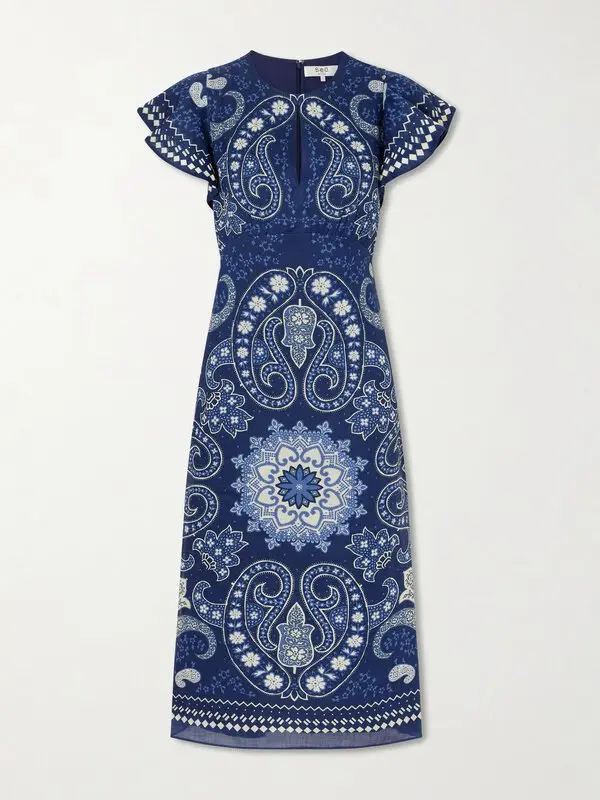 Sea Emelina Paisley-printed Ramie Midi Dress - Blue