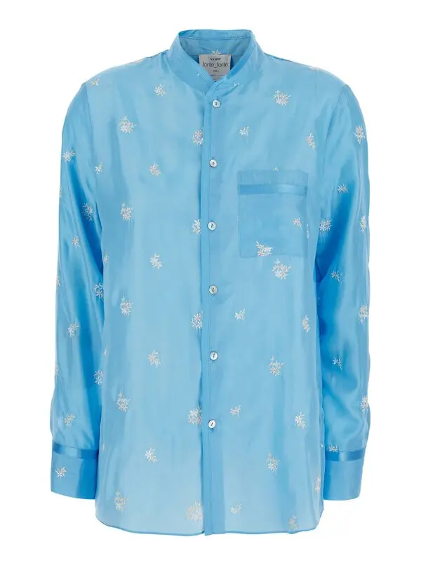FORTE_FORTE Silk Shirt With Mandarin Collar And Floral Embroidery