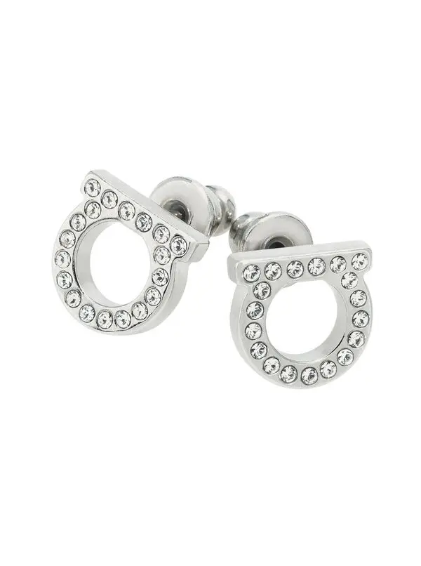FERRAGAMO Gancini Design Earrings With Rhinestone Embellishments In Brass - Silver